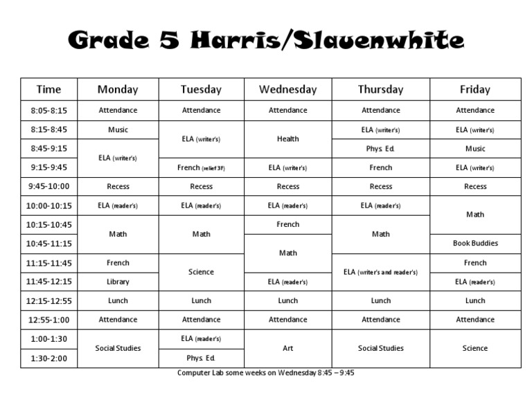 Grade 5 Weekly Class Schedule | PDF | Language Arts & Discipline | Art