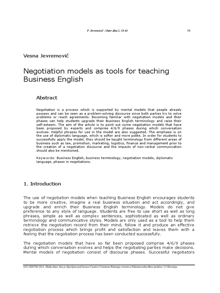 Negotiation Models | PDF | Negotiation | Nonverbal Communication