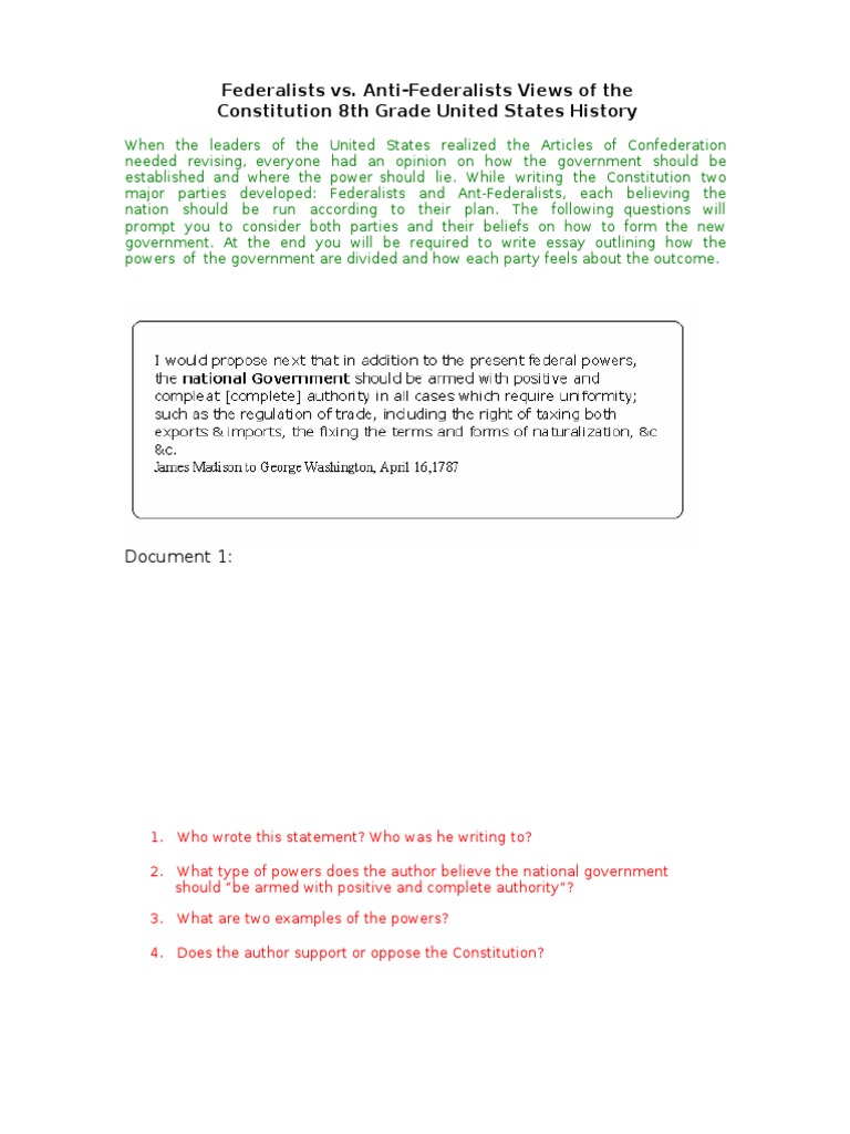 Federalist Vs Anti-Federalist Web Quest | PDF | American Political ...