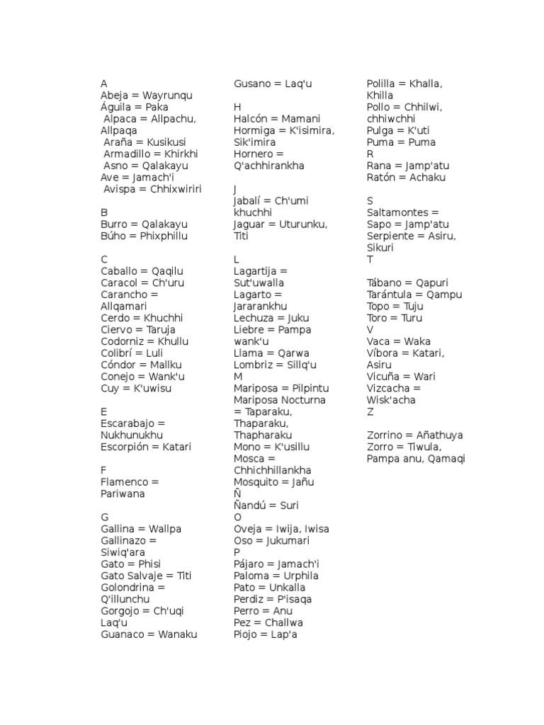 Nombres de animales en aymara | PDF