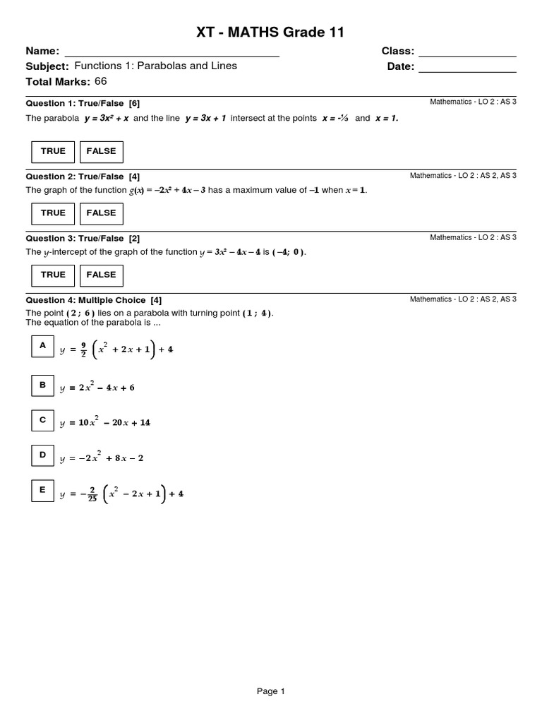 XT MATHS Grade 11 Functions Parabolas + Lines | PDF | Tangent ...