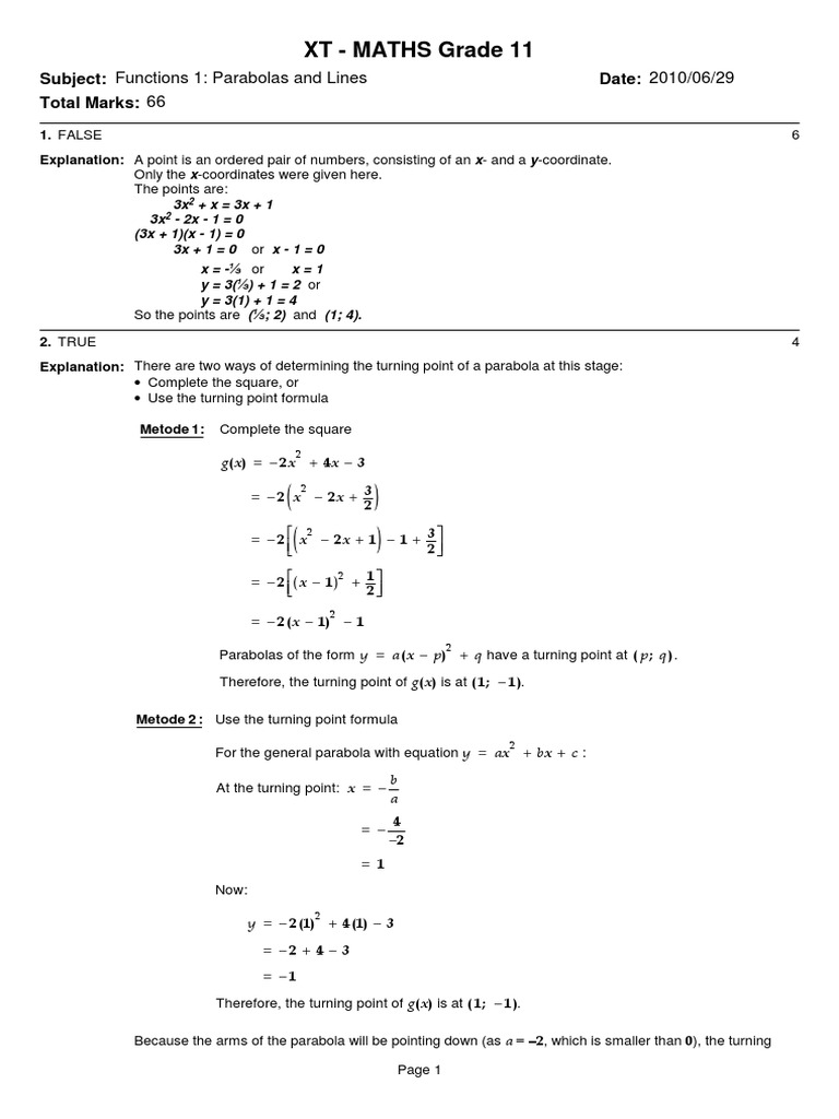 XT-MATHS-Grade-11-Functions-Parabolas-+-Lines-Memo | Tangent ...