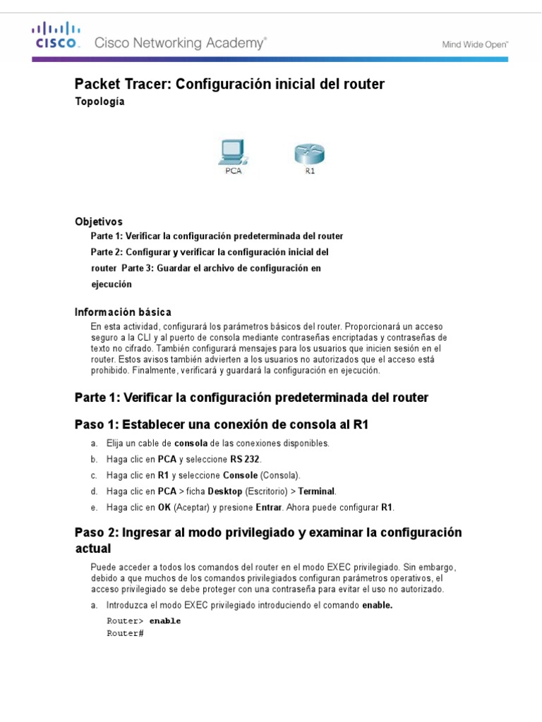 6.4.1.2 Packet Tracer: Configuración Inicial Del Router | PDF | Contraseña | Interfaz de línea ...