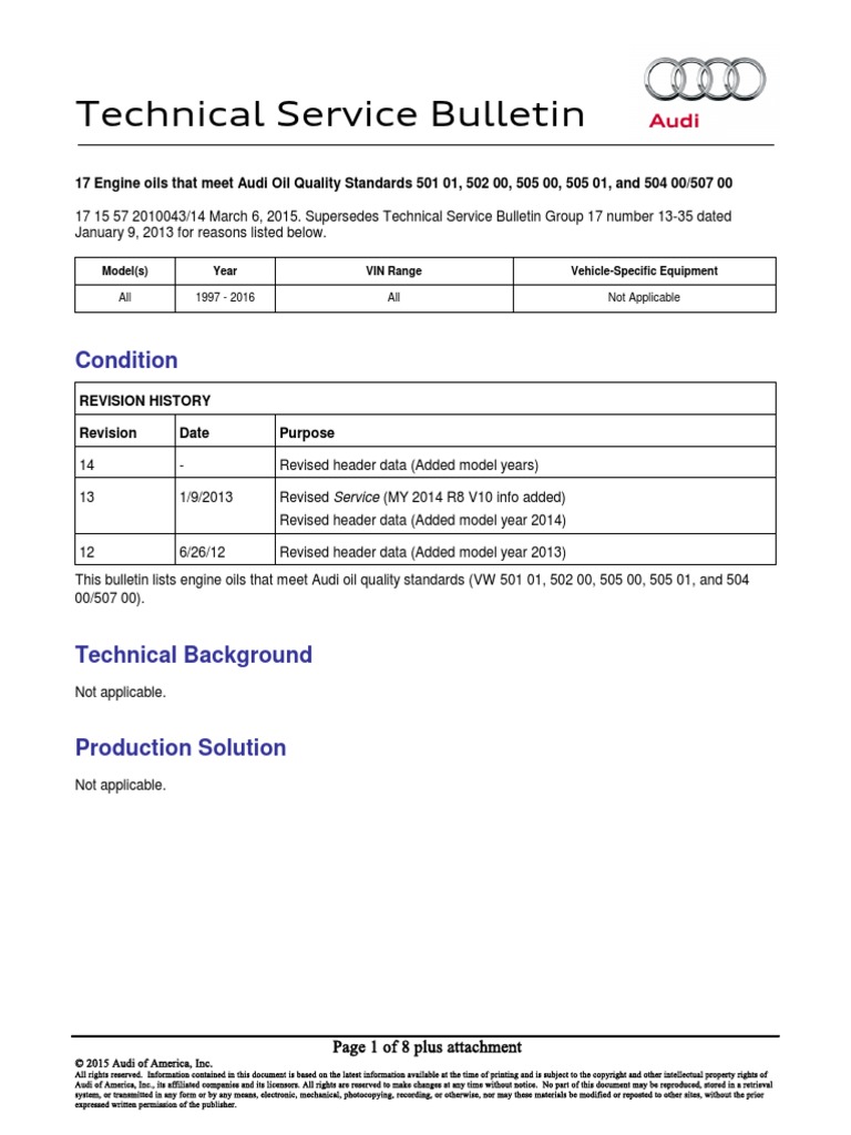 Audi-1997-2016-Technical-Service-Bulletin Recommended Oil | PDF ...