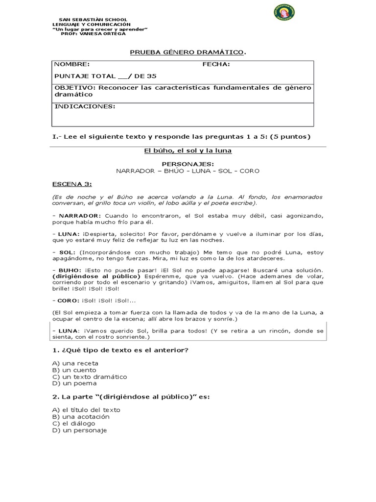 Prueba Género Dramático | PDF | Comedia | Teatro