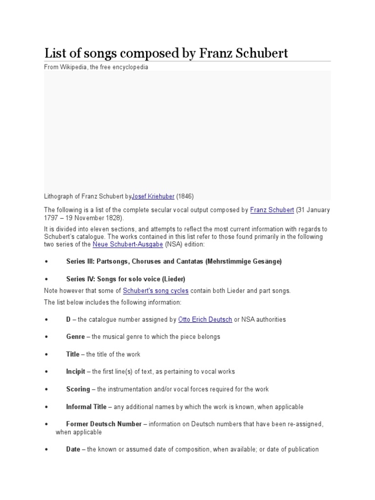 List of Songs Composed by Franz Schubert | PDF | Classical Compositions ...