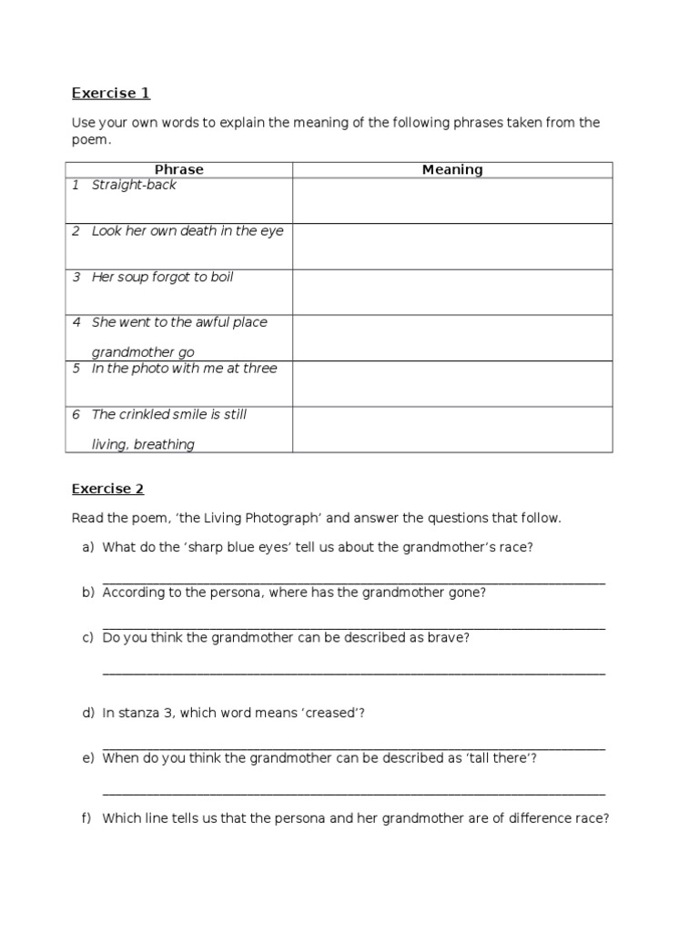 Poem The Living Photograph Exercise | PDF