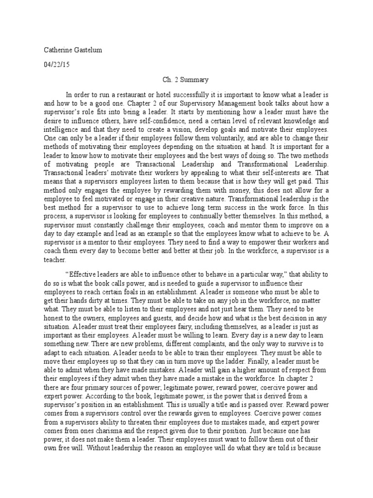 Chapter 2 Supervisory Management | PDF | Transformational Leadership ...