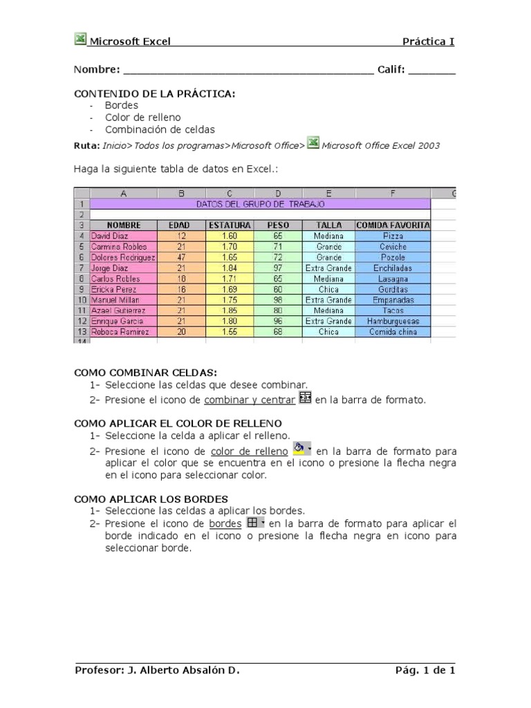 Ms Excel - Practica 1 - Bordes - Relleno - Combinar Celdas | PDF | Arte | Informática