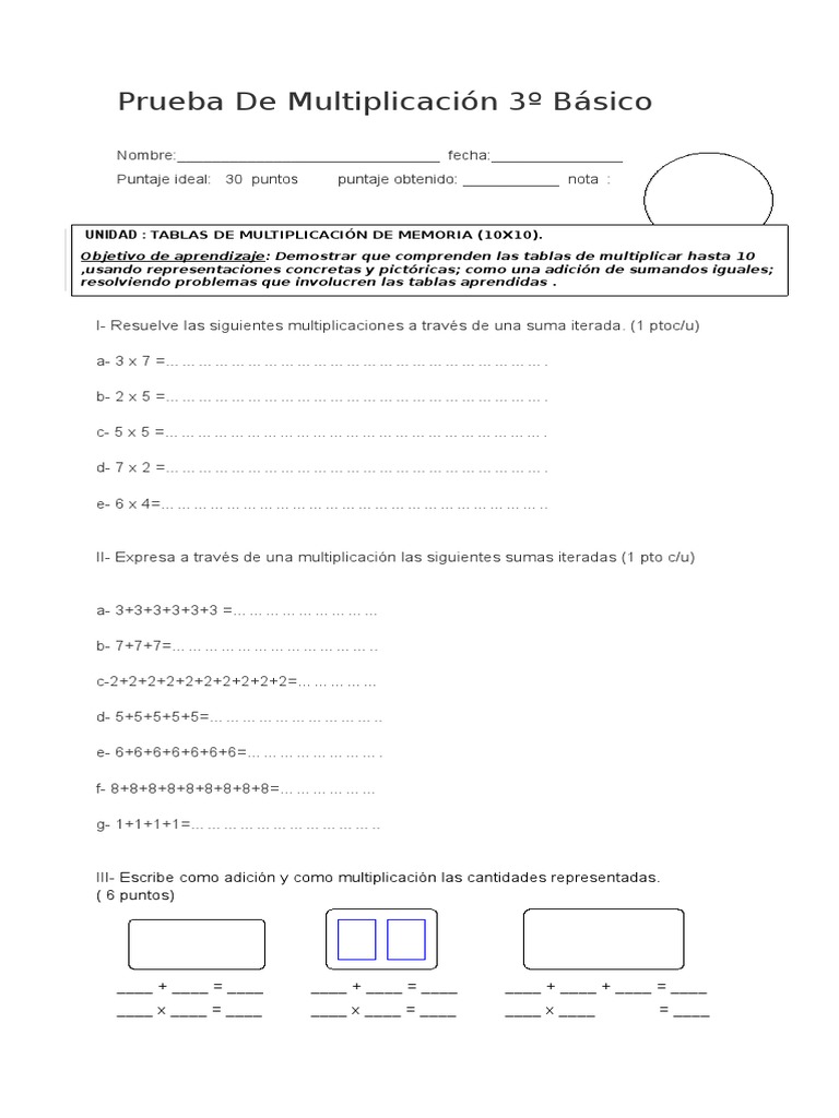 Prueba de Multiplicación 3º Básico | PDF | Informática