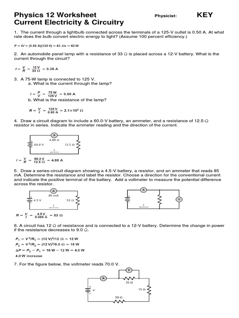 Physics 12 Worksheet Circuitry KEY | PDF