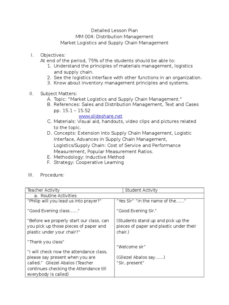 Detailed Lesson Plan | PDF | Lesson Plan | Logistics