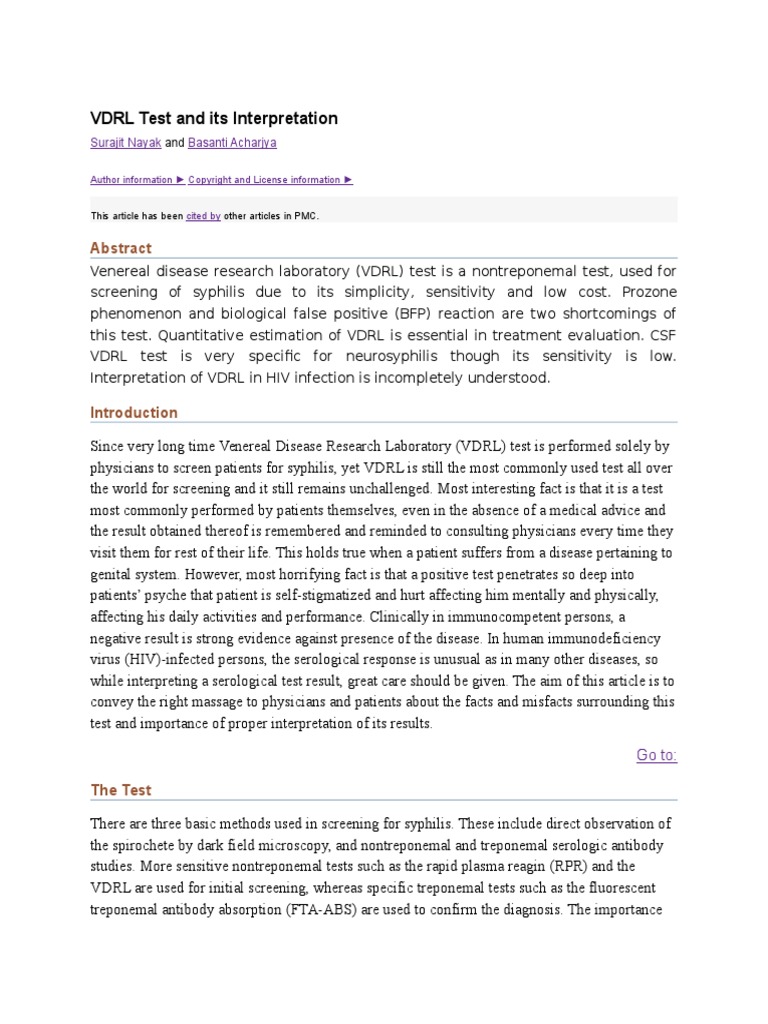 VDRL Test and Its Interpretation | PDF | Infection | Medical Diagnosis
