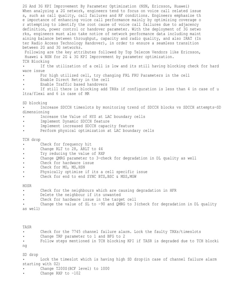 Optimizing 2G and 3G Network Performance Through Parameter Adjustment to Reduce Call Drops and ...