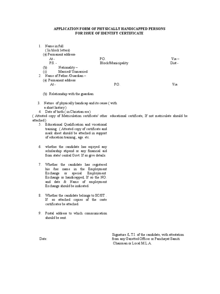 Application Form of Physically Handicapped Persons For Issue of ...