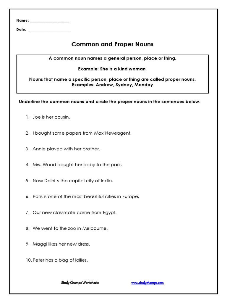 Common And Proper Nouns Worksheet Common And Proper Nouns