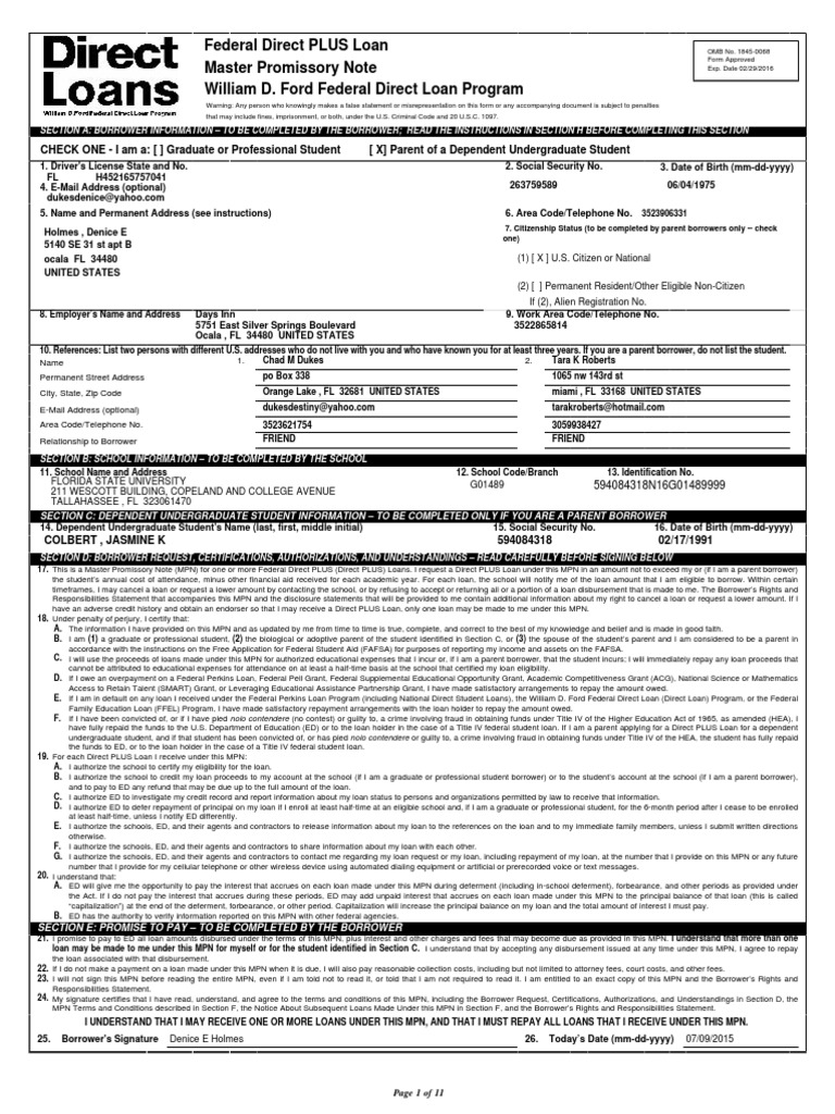 Federal Direct PLUS Loan Master Promissory Note William D. Ford Federal ...