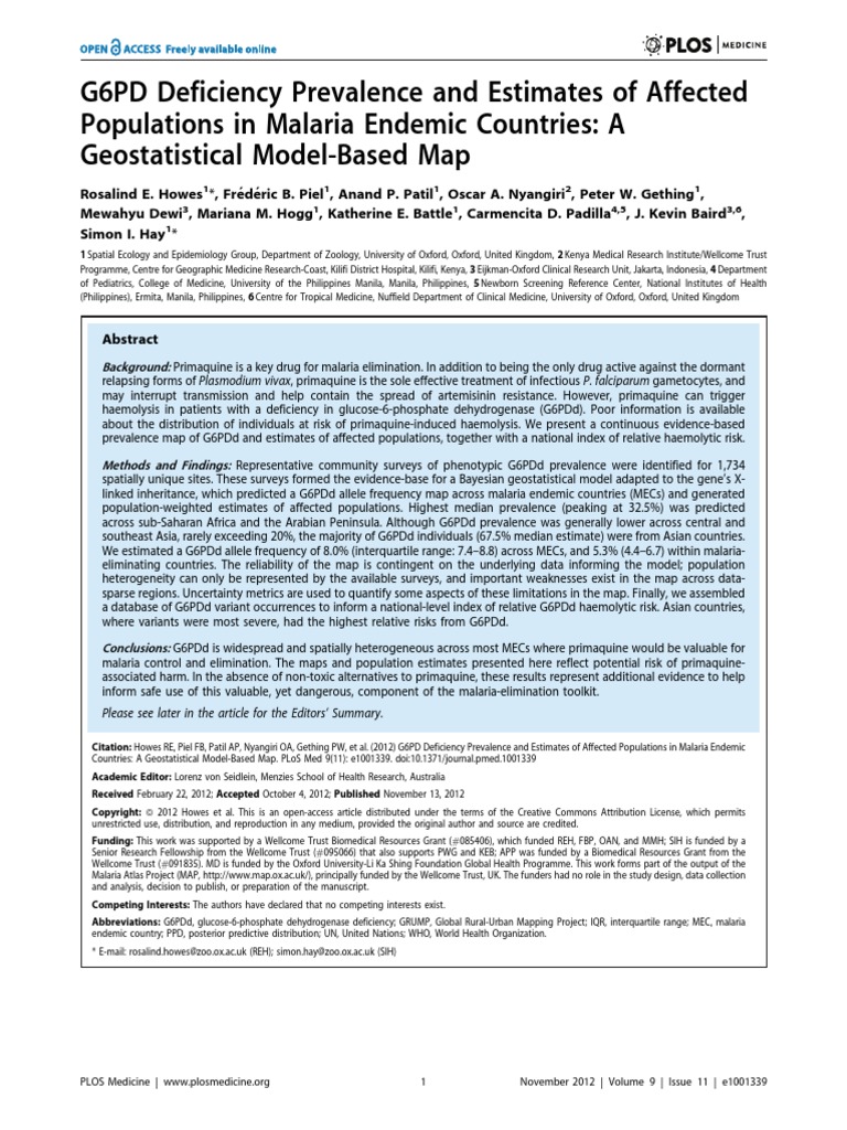 G6PD Deficiency Prevalence and Estimates of Affected Populations in ...