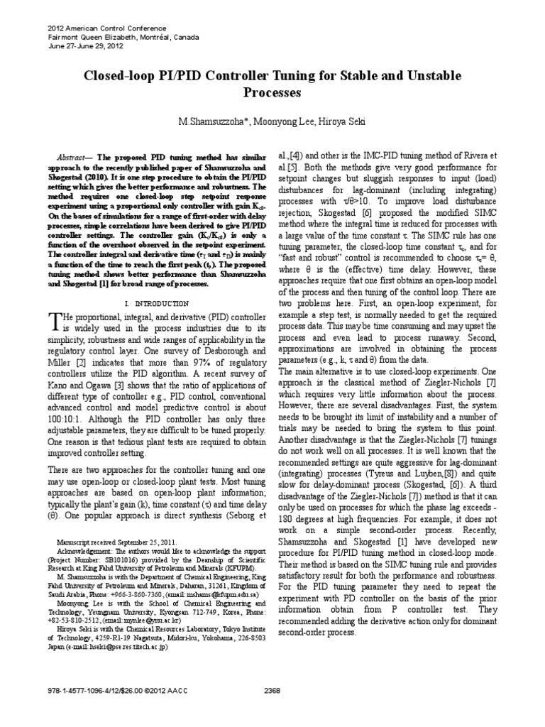 Closed-Loop PI/PID Controller Tuning For Stable and Unstable Processes | PDF | Control Theory ...