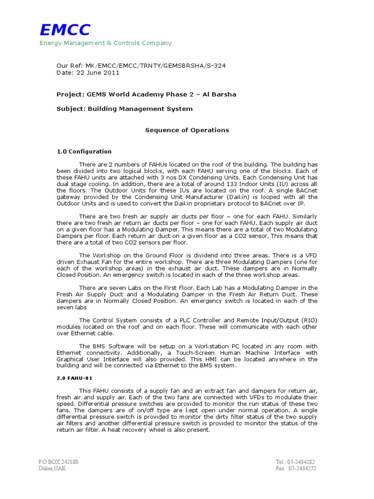 BMS Sequence of Operation | PDF | Duct (Flow) | Mechanical Fan