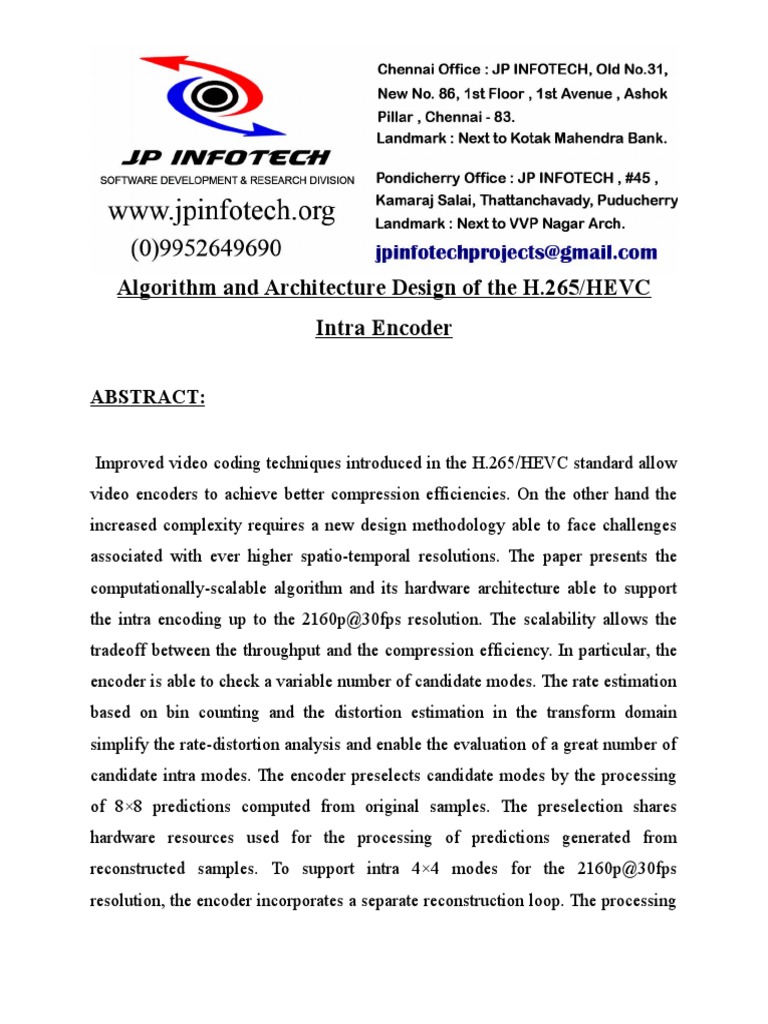 Algorithm And Architecture Design Of The H265hevc Intra Encoder Pdf Data Compression
