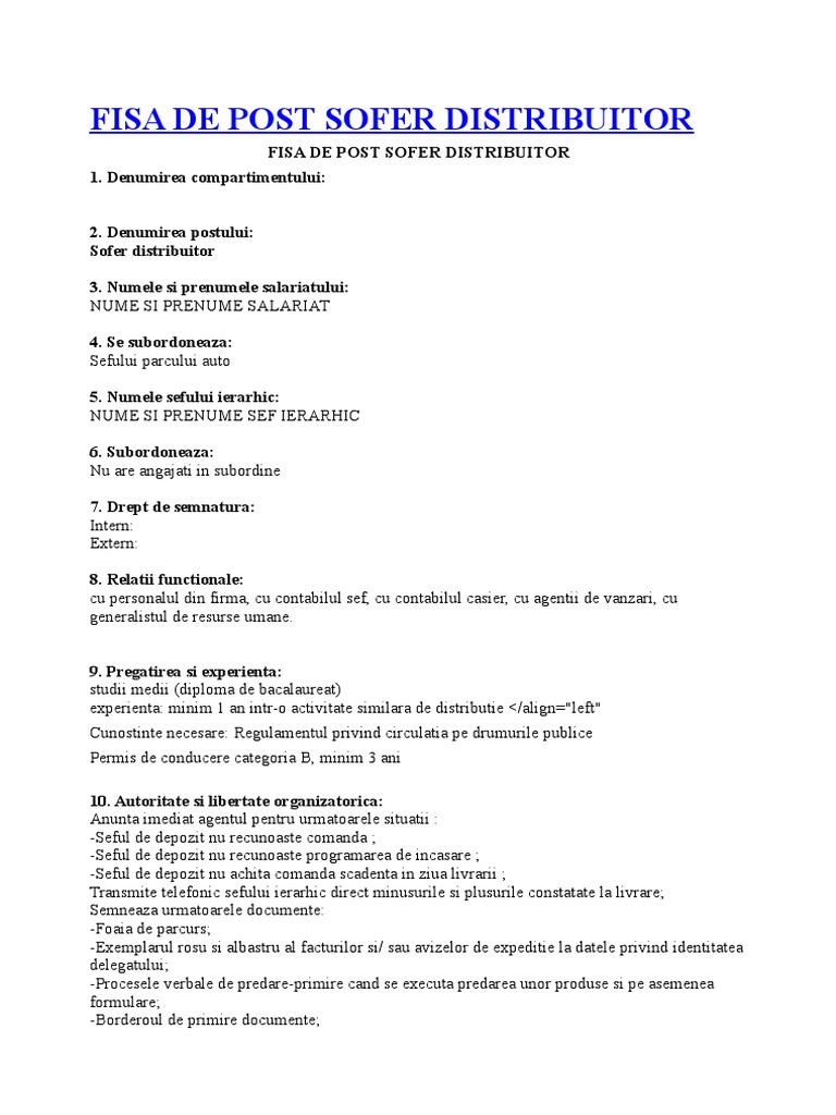 Fisa de Post Sofer Distribuitor | PDF