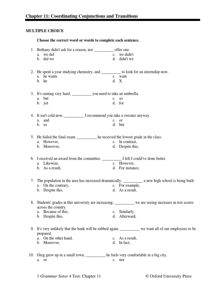 Chapter 11: Coordinating Conjunctions and Transitions | PDF | Test ...