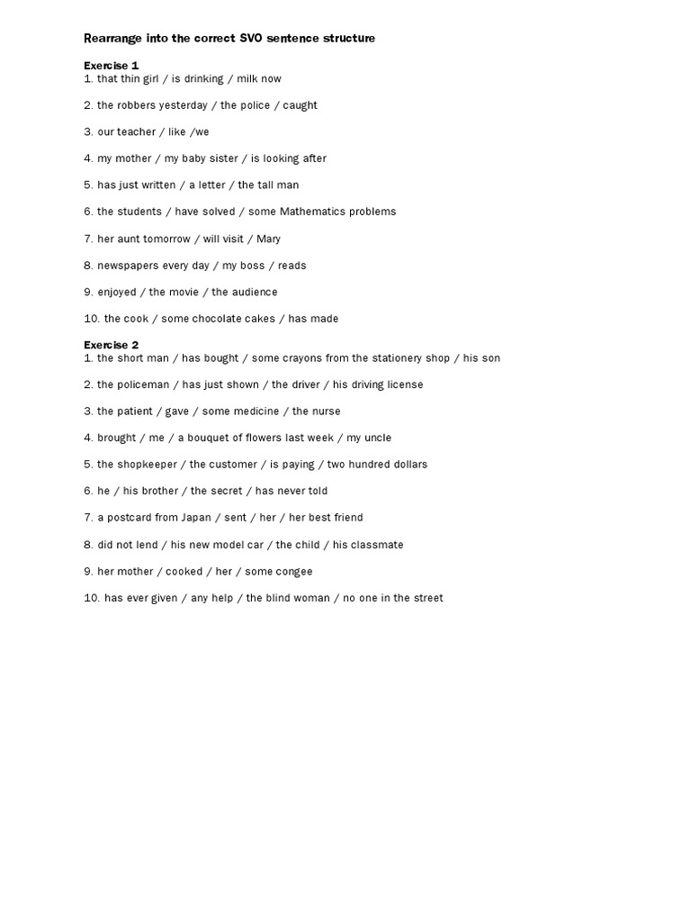 Rearrange Into The Correct SVO Sentence Structure: Exercise 1 | PDF