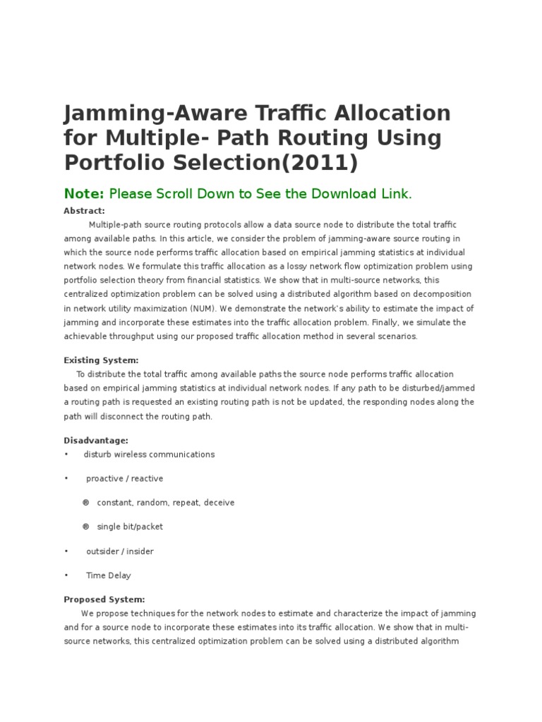 Jamming Aware Traffic Allocation For Multiple Path Routing Using
