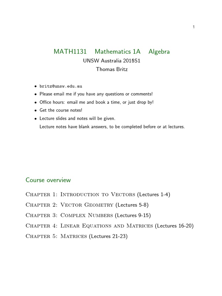 MATH1131 Mathematics 1A Algebra | PDF | Vector Space | Plane (Geometry)