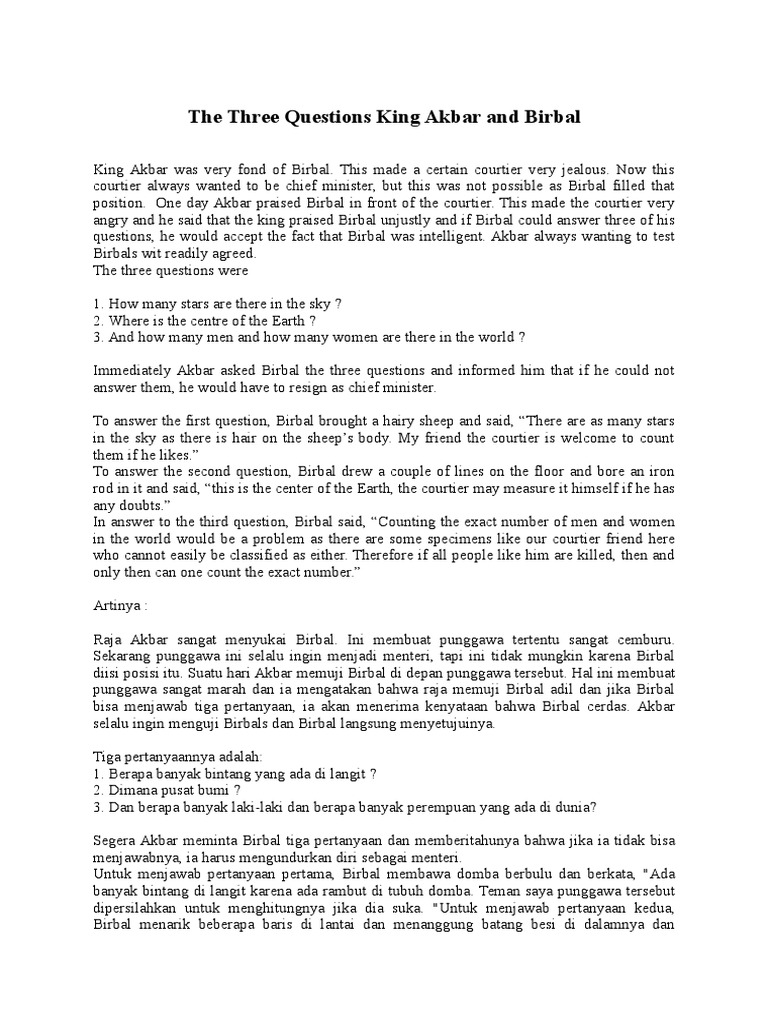 The Three Questions King Akbar and Birbal | PDF | Mughal Empire ...