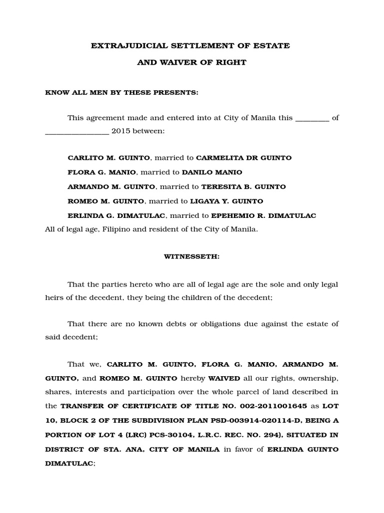 Extrajudicial Settlement of Estate and Waiver of Right | PDF | Private ...