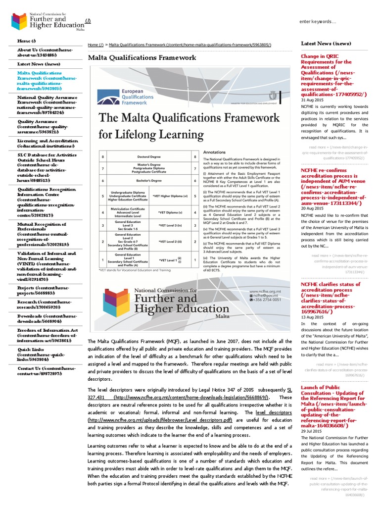 Malta Qualifications Framework - NCFHE - National Commission For ...