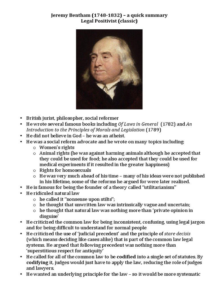 Jeremy Bentham - A Quick Summary | PDF | Utilitarianism | Precedent