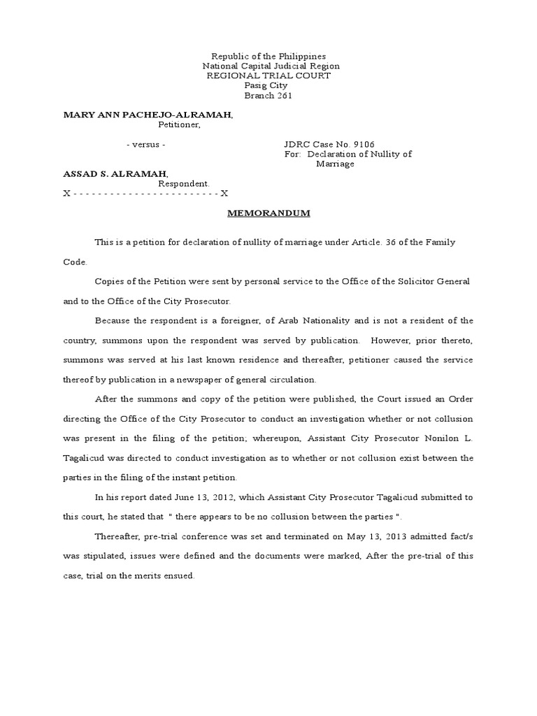 Memorandum | PDF | Annulment | Marriage