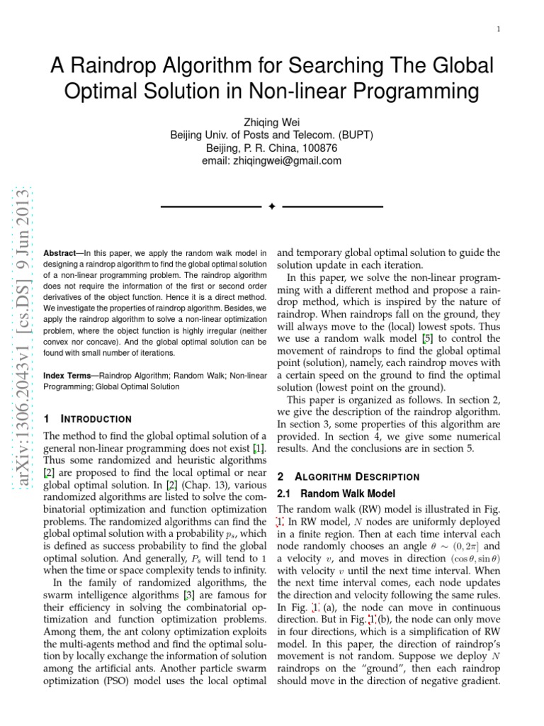 Raindrop Algorithm for Finding Global Optimal Solutions in Non-linear Programming | PDF ...