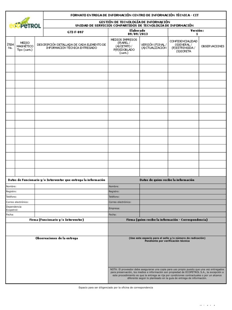 Gti-F-097 Formato Entrega de Informacion Centro de Informacion Tecnica ...