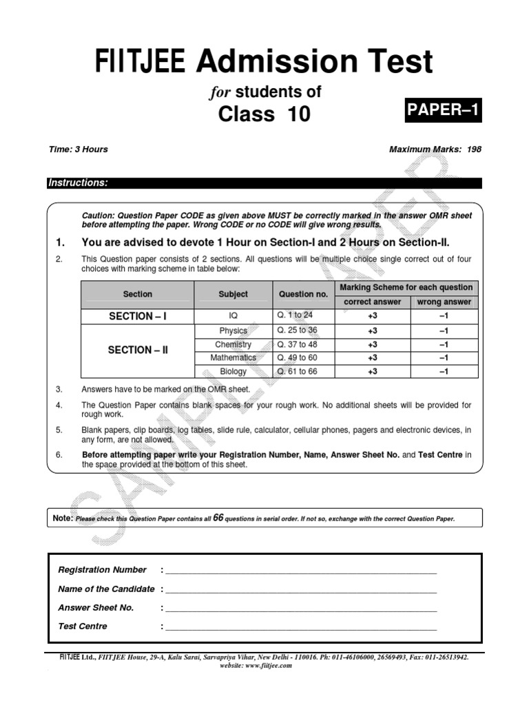 Fiitjee: Admission Test | PDF | Acceleration | Force