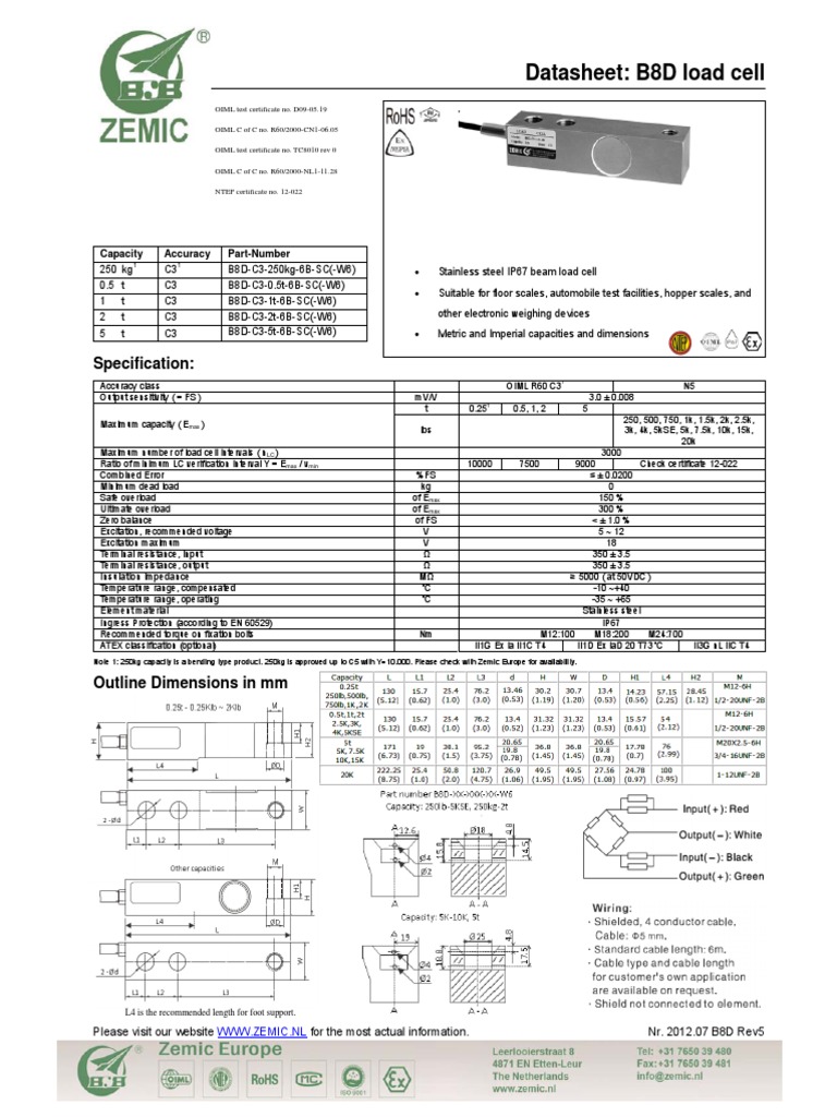 Datasheet: B8D Load Cell: Specification | PDF