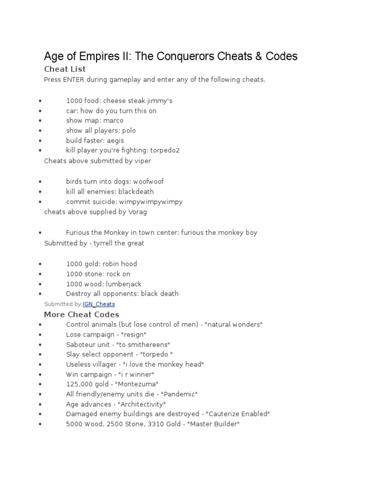 Age of Empires II: The Conquerors Cheats & Codes: Cheat List | Download ...