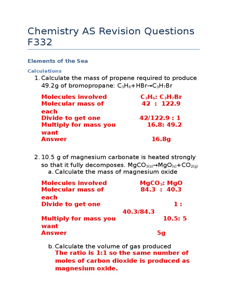 Chemistry As Revision Questions F332 | PDF | Intermolecular Force | Chemical Reactions