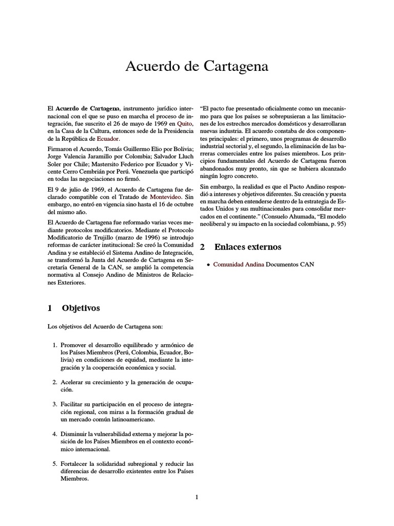 Acuerdo de Cartagena: Objetivos y Contexto | PDF | Comunidad andina ...