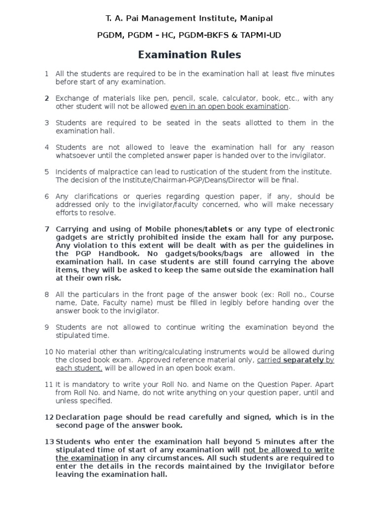 Examination Rules: T. A. Pai Management Institute, Manipal PGDM, PGDM ...