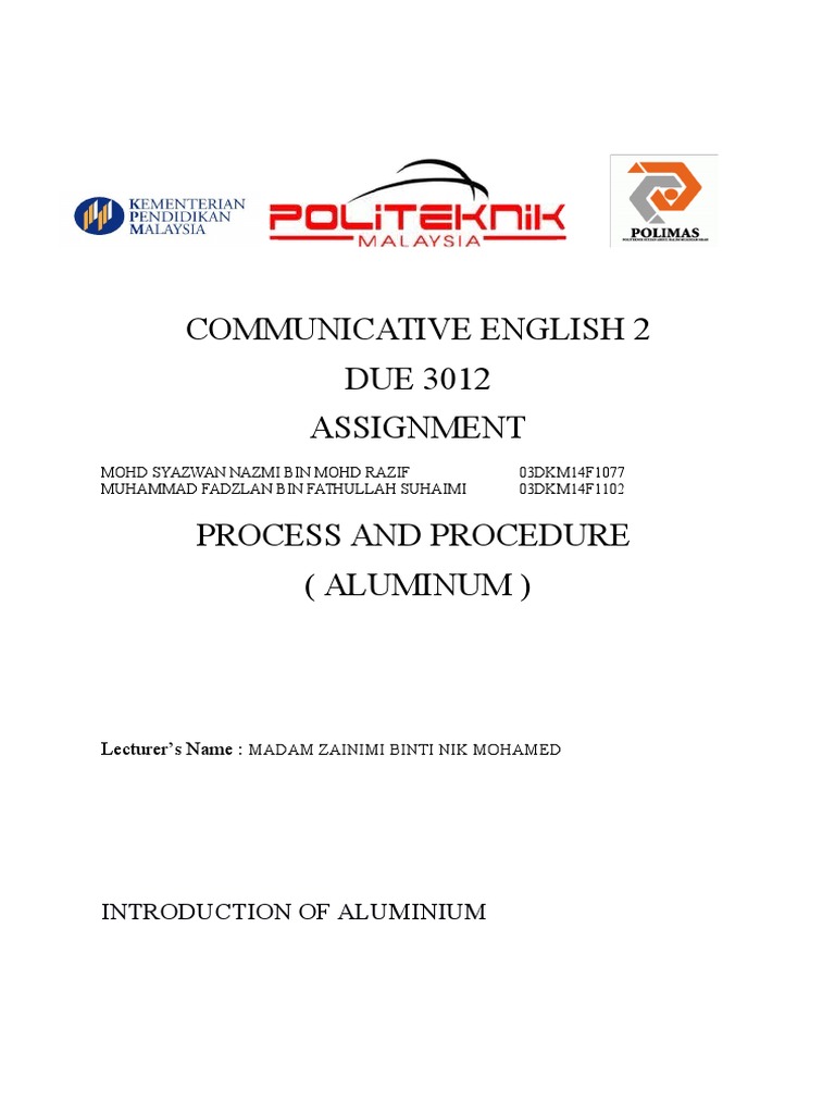 Communicative English 2 DUE 3012 Assignment: Introduction of Aluminium | Download Free PDF ...