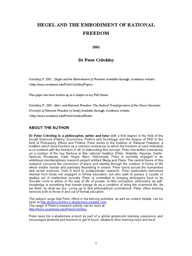 Hegel and The Embodiment of Freedom | PDF | Georg Wilhelm Friedrich ...