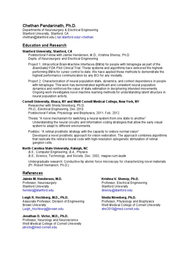 Chethan Pandarinath CV | PDF | Retina | Visual Perception
