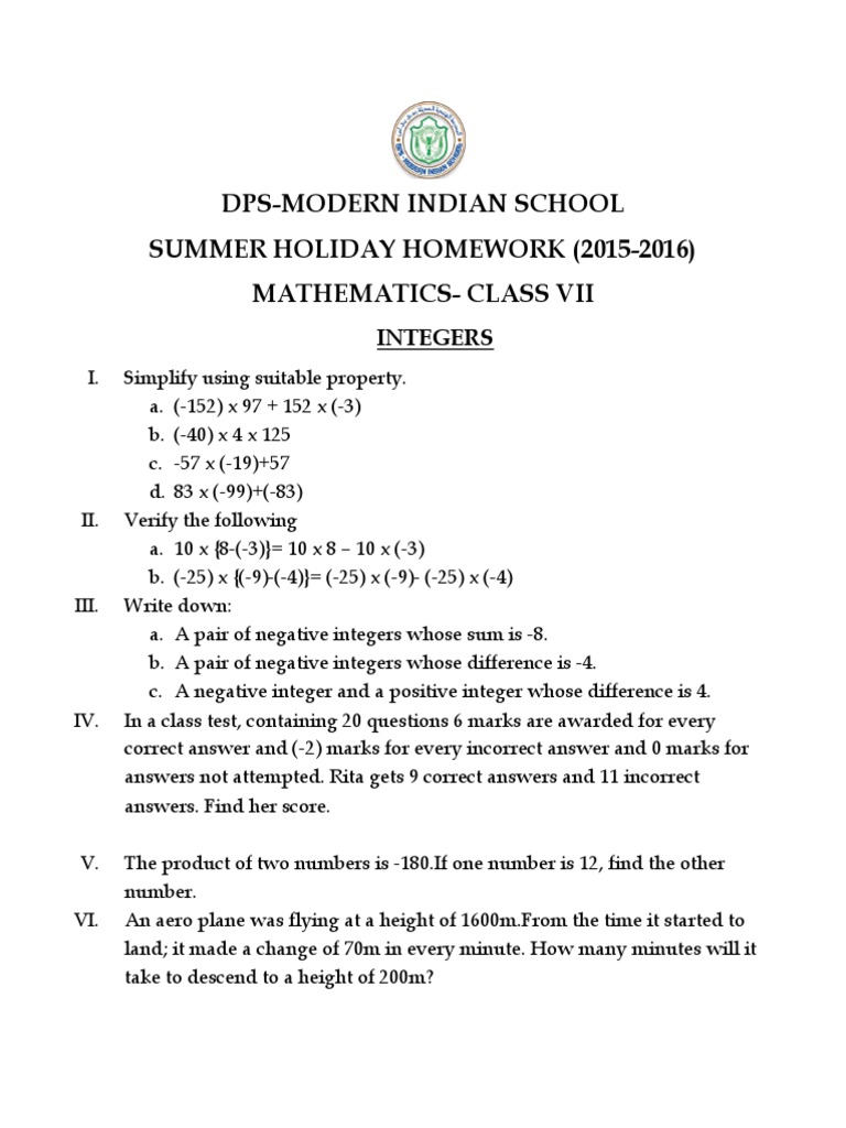 7th Math Holiday Homework 2015-16 | PDF | Angle | Integer