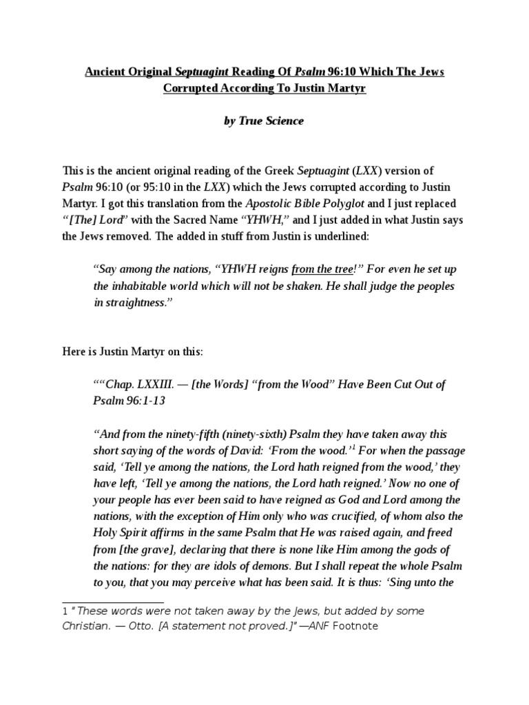Ancient Original Septuagint Reading of Psalm 96.10 Which The Jews ...