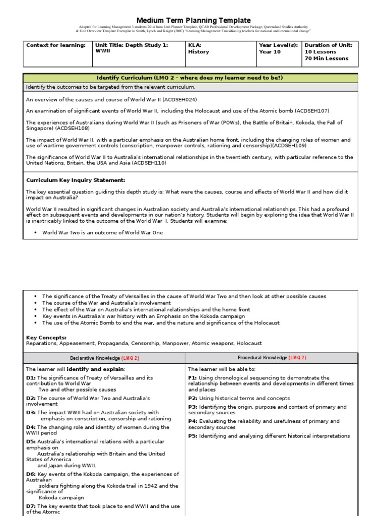 Year 10 WWII History Unit Plan | PDF | Educational Assessment ...