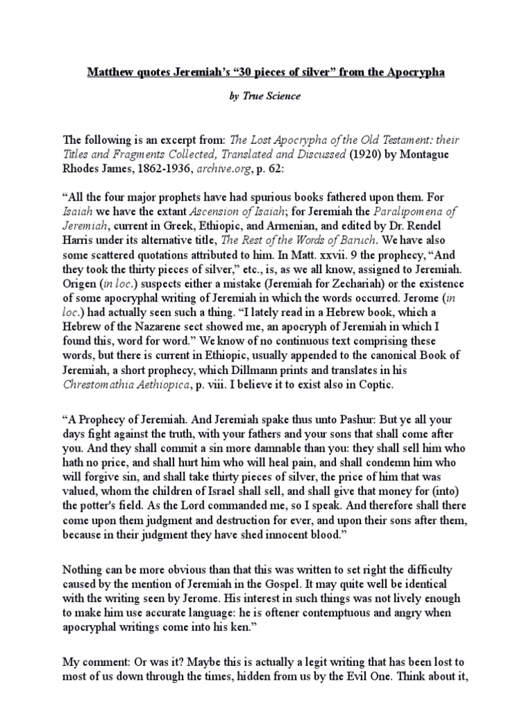 Matthew Quotes Jeremiah's ''30 Pieces of Silver'' From The Apocrypha ...